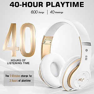 6S Wireless Bluetooth Headphones Over Ear, Hi-Fi Stereo Foldable Wireless Stereo Headsets Earbuds with Built-in Mic, Volume Control, FM for iPhone/Samsung/iPad/PC (White & Gold)