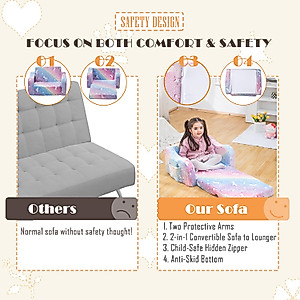 Toddler Baby Chair Couch Sofa for Kids Foldable 2-in-1 Fold Out Couch Bed Toddler Chairs Comfy for Boys & Girls Convertible Kids Furniture lounge chairs for Playroom with Double Pockets, Glowing Pink