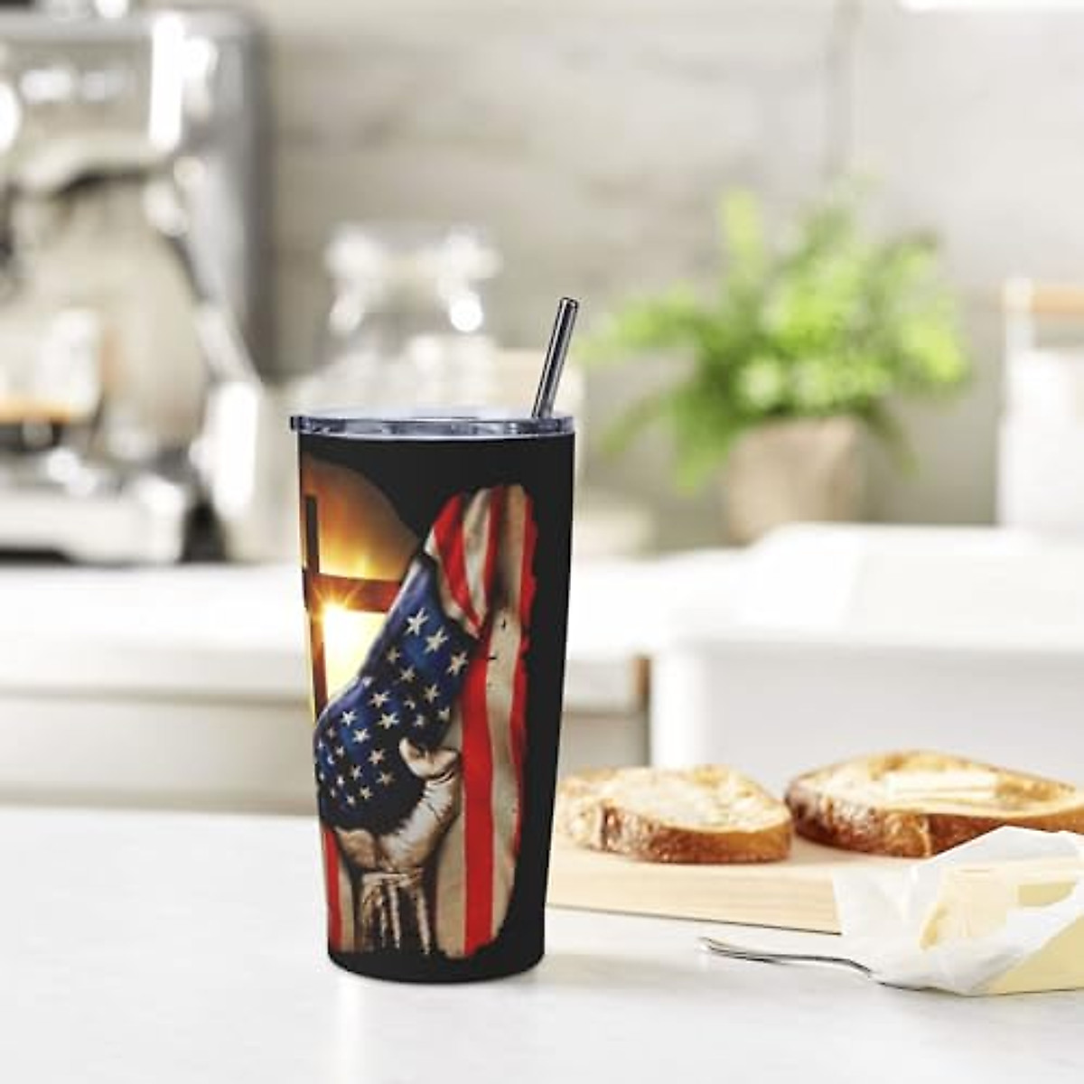 DEUASS American Christianity Cross Patriotic Flag 20oz Tumbler With Lid And Straw Stainless Steel Vacuum Insulated Coffee Travel Mug Thermal Cup For Outdoor