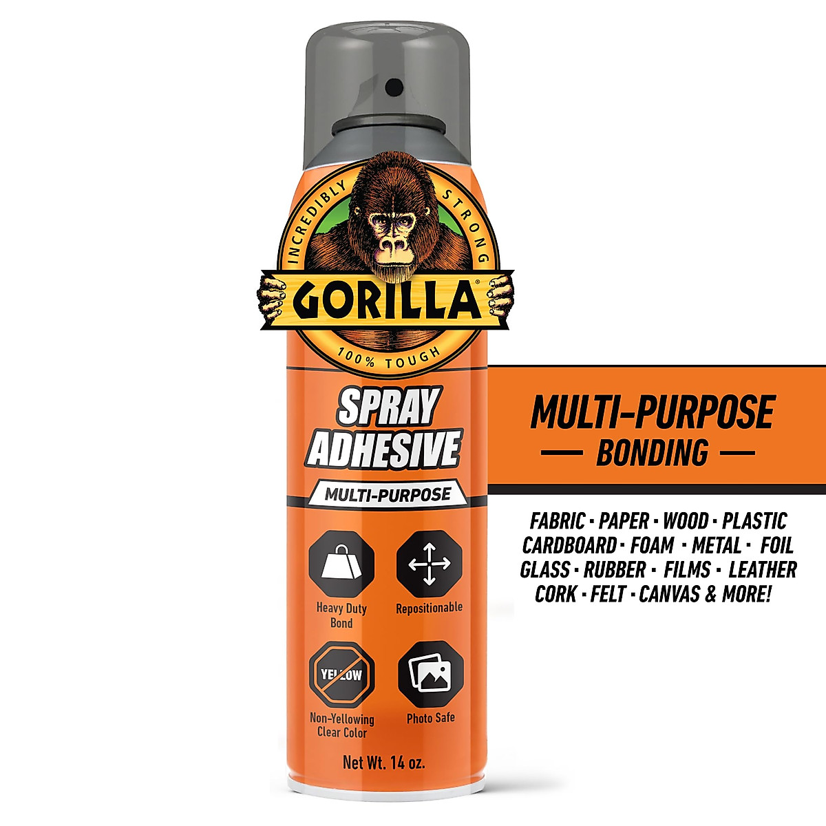 Gorilla Heavy Duty Spray Adhesive, Multipurpose and Repositionable, 14 Ounce, Clear, (Pack of 1)