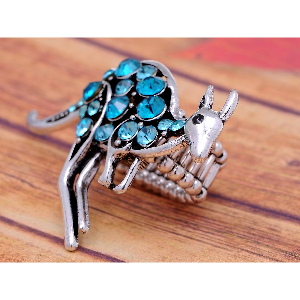 Alilang Antique Silvery Tone Synthetic Aquamarine Australian Kangaroo Statement Ring