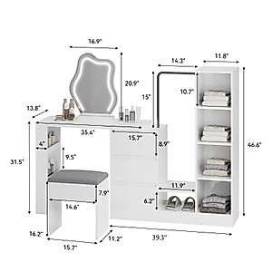 ARTETHYS Vanity Desk with Mirror and Lights White Makeup Desk with Storage Chair and Drawers Corner Vanity Table Set with Hanger and Storage Shelves