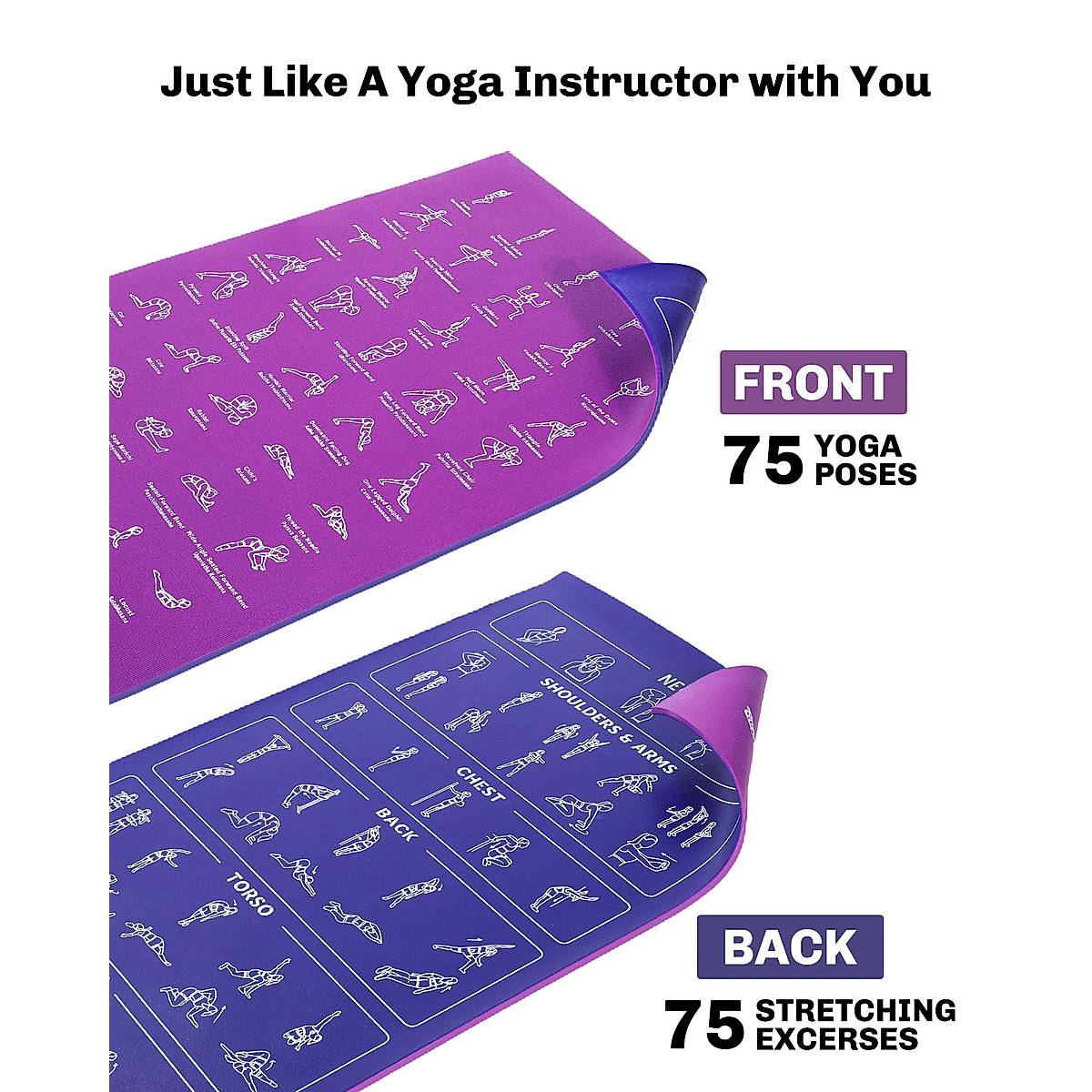 Upgrade New Instructional Yoga Mat with 75 Poses Printed on It, 6mm Travel Yoga Mat with Bag Christmas Gifts for Women and Men, 1/4 Inch Extra Thick Non-Slip (Purple/Blue)