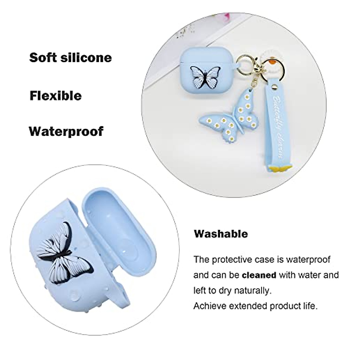 Jeriwell Compatible with AirPods 3rd Generation Case Cover Soft Silicone Waterproof 3D Butterfly with Keychain for Airpods 3 Charging Case 2021 for Women Girls (Light Blue)