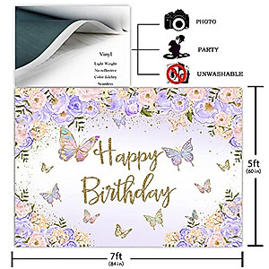 Avezano Purple Butterfly Birthday Backdrop for Girl's Purple Peach Floral Pastel Butterflies Birthday Background Pink Lilac Purple Gold Wishes and Butterfly Kisses Party Decorations Photoshoot (7x5ft)