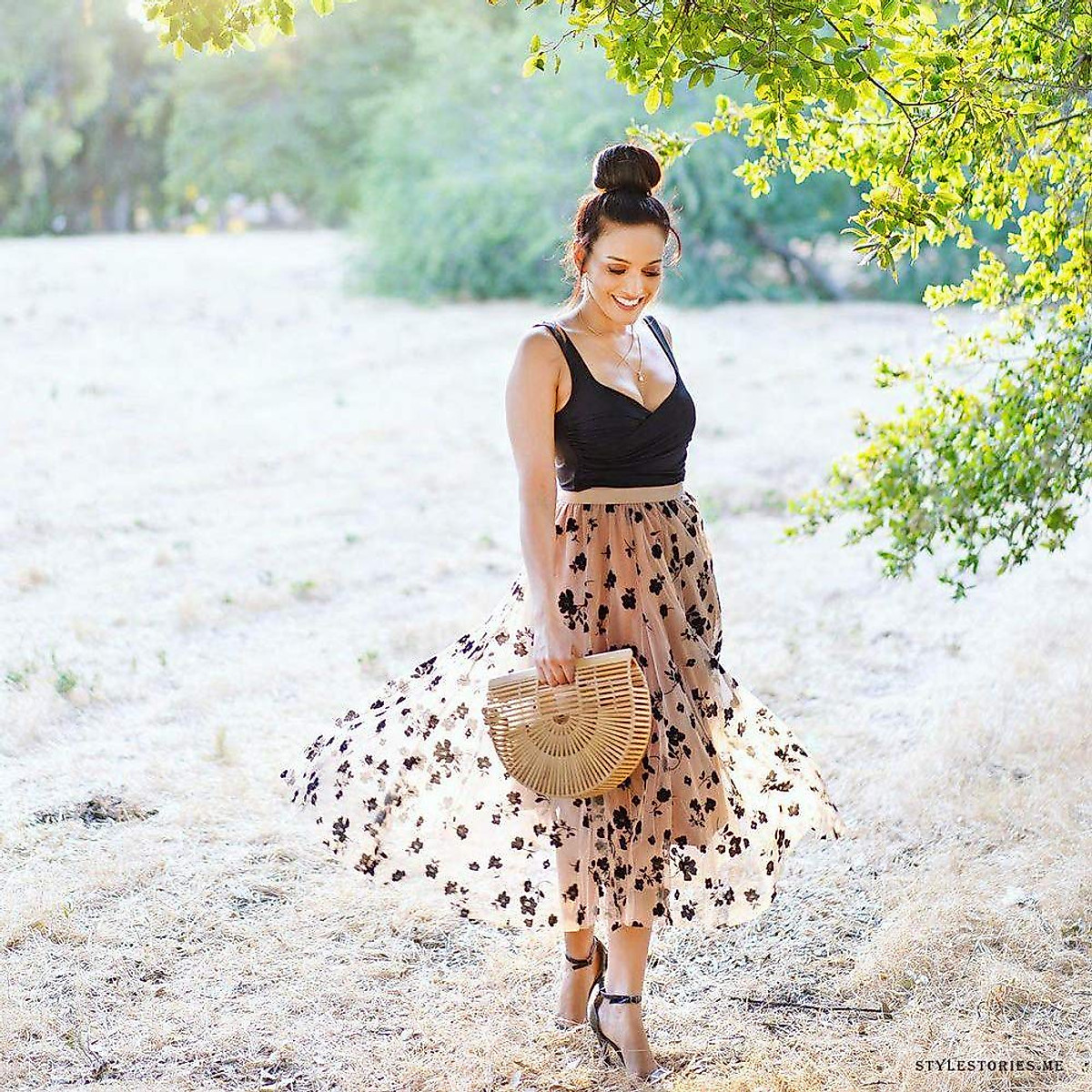 CHICWISH Women's Caramel 3D Posy Double-Layered Mesh Midi Skirt, Size L-XL