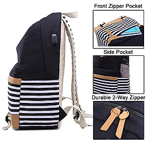 Meisohua Girls Canvas School Backpack Set Teen Girls Backpack with lunch bag College Laptop Backpack with USB (3 in 1 Black Set)