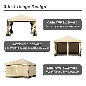 BPS 12x12 FT Outdoor Aluminum Gazebo with Privacy Curtains and Netting, Brown Canopy Shelter for Patio, Garden, Yard, Lawn