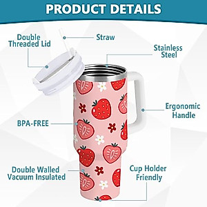 ARGTILDN 30 oz Tumbler Strawberry Flower Cartoon Insulated Travel Mug with Handle and Straw Lid Stainless Steel Vacuum Coffee Cup Tea Beverage Container Water Bottles for Car Sports office