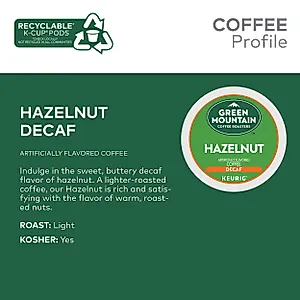 Green Mountain Coffee Roasters Hazelnut, Single Serve Coffee K-Cup Pod, Decaf, 12 Count (Pack of 6) (Packaging May Vary), 72 Count