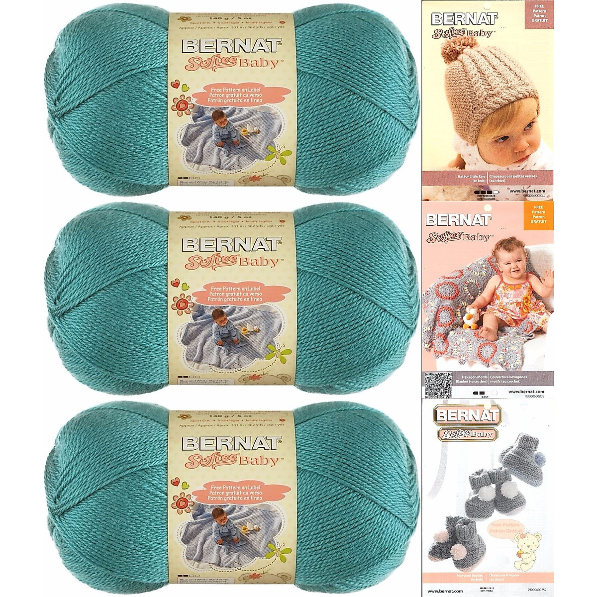 Bernat Softee Baby Yarn 3 Pack Bundle Includes 3 Patterns DK Light Worsted #3