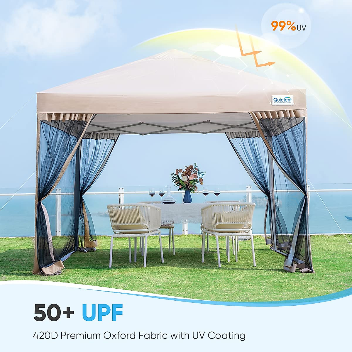 Quictent 8'x8’ Pop up Screened Canopy Tent with Mosquito Netting, Portable Easy up Outdoor Screen House Shelter for Patio, Camping and Picnic, Includes Wheeled Carry Bag (Tan)