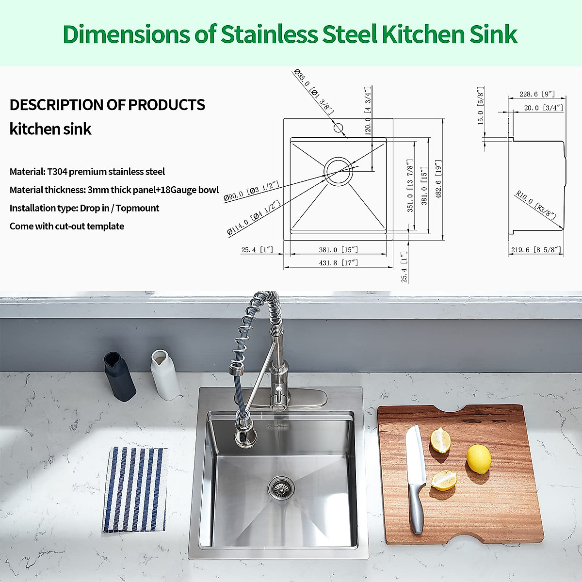EcoChannels Kitchen Sink, 17 x 19 Inch Drop-in Bar Sink Stainless Steel Topmount Kitchen Sink Single Bowl Workstation Sink