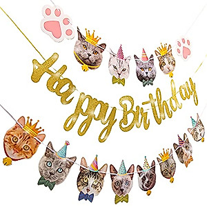 Cat Birthday Party Decoration Cat Faces Banner Gold Glitter Happy Birthday Banner for Meow Kitty Theme Birthday Party Baby Shower Supplies