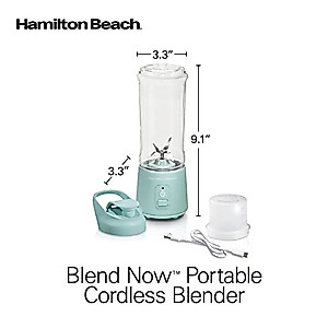 Hamilton Beach Mini Cordless Portable Personal Blender for Shakes and Smoothies, USB Rechargeable, 16 oz. Jar with Leakproof Travel Lid, 6 Stainless Steel Blades, Blue (51182)