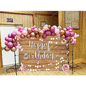 Pink Birthday Party Decorations,Butterfly Rustic Wood Flowers Happy Birthday Backdrop Banner Hot Pink Balloon Arch Garland Kit for Women Girl Birthday Party Supplies