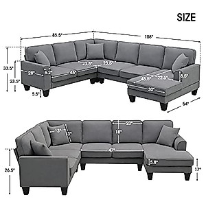 P PURLOVE Sectional Sofa, Large Sectional Sofa with 3 Pillows, U Shape Fabric Corner Couch with Backrest and Armrest, 7 Seats Sectional Couch for Living Room, Apartment, Office (Dark Grey)