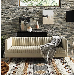 Safavieh Couture Home Carmina Modern Light Beige Faux Leather and Oak Sofa