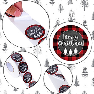 Whaline 1000Pcs Merry Christmas Stickers 1.5Inch Red Black Buffalo Plaid Border Round Stickers in Roll Christmas Tree White Printed Label Stickers for Xmas Seals Cards Presents Envelopes Decoration