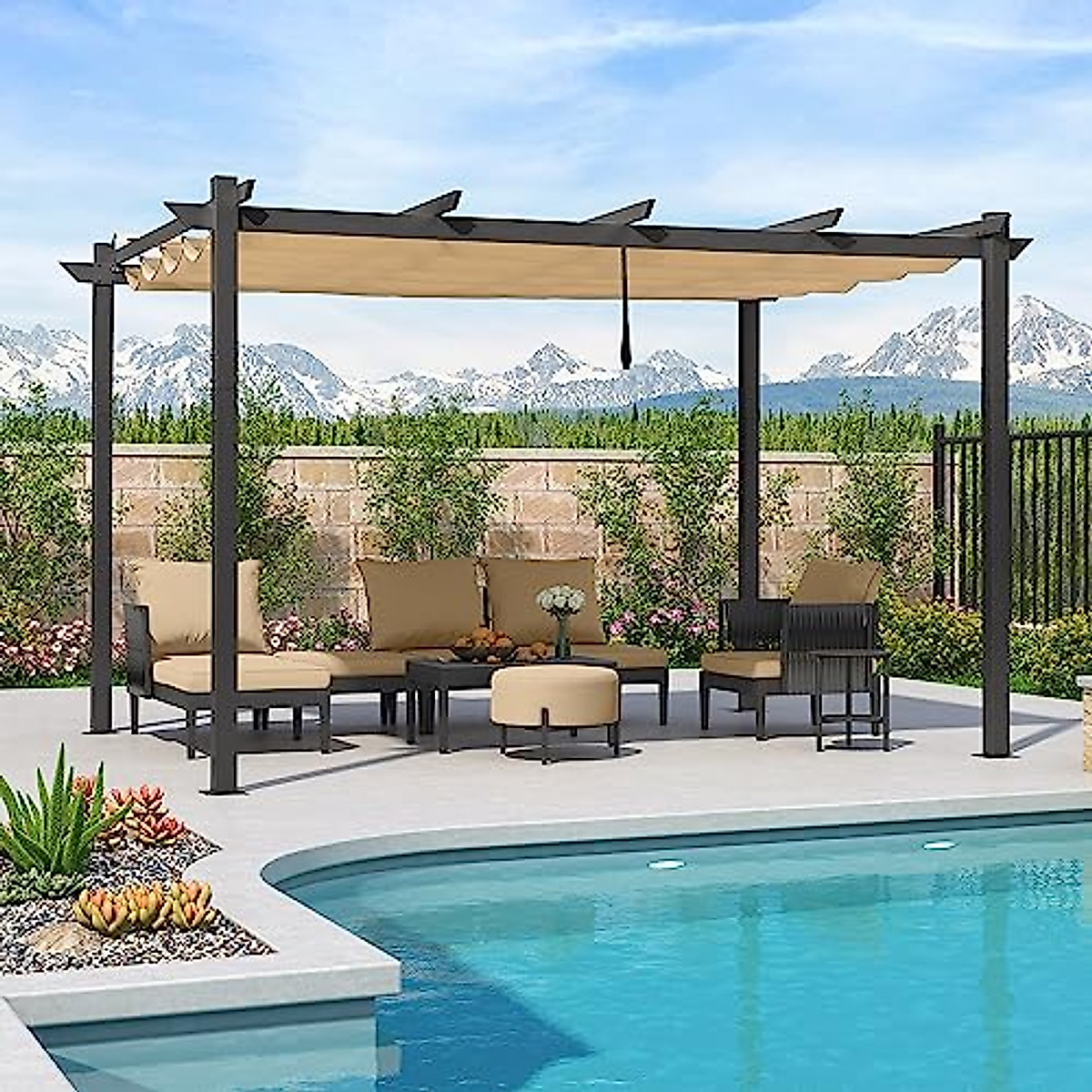 PURPLE LEAF Outdoor Metal Pergola with Retractable Canopy 10' x 13' Patio Aluminum Pergola for Deck Garden Backyard Modern Small Pergola, Beige