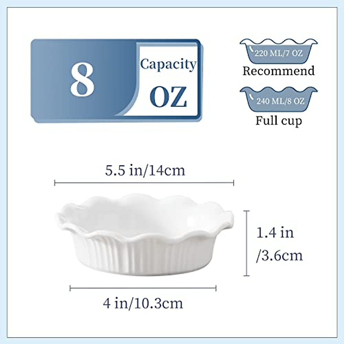 LOVECASA 8 OZ Ceramic Mini Pie Pans, 5.5 Inches Small Pie Dishes Ramekins with Ruffled Edge, Baking Pie Plates for Apple Pie, Quiche, Pot Pies, Tart, Oven and Microwave Safe, White, Set of 6