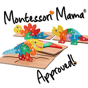 MONTESSORI MAMA Toddler Puzzles for Kids Ages 3-5 Dinosaur Puzzle 5-Pack, Montessori Toys for 3 Year Olds, Toddler Toys Age 2-4 Gifts for 3 Year Old Boys Girls, Wooden Puzzles for Toddlers