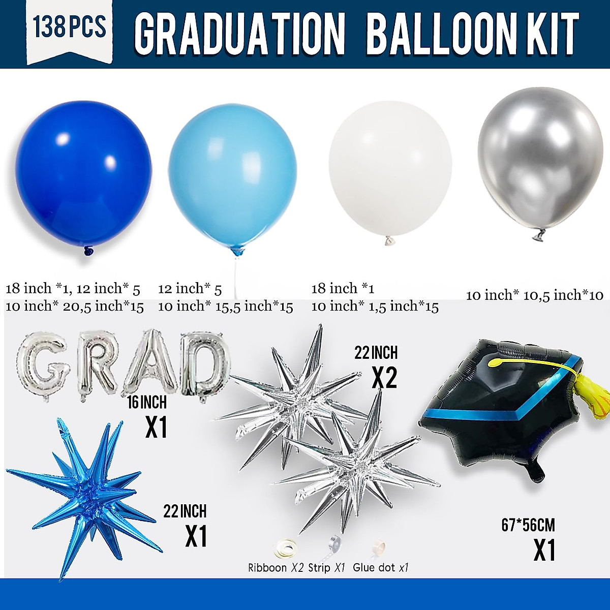 2024 Graduation Party Decorations blue and white balloon arch kit 135pcs-Congrats Grad Silver Letter Balloons, Starburst Foil Balloons for Blue Silver White Graduation Party Supplies