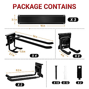 LADER 48 Inches Adjustable Garage Organization, 13 PCS Garage Tool Organizer Wall Mount, Garage Shelving with 8 Adjustable Hooks and 3 Rails, Tool Organizer Rack with Heavy Hook Tracks Max Load 1000LB
