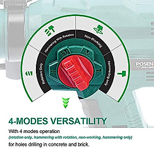 Brushless Cordless Rotary Hammer,POSENPRO 20V SDS Plus Rotary Hammer Drill,4 Modes Selector,Variable Speed,Adjustable Handle,4.0Ah Li-ion Battery and Fast Charger Included