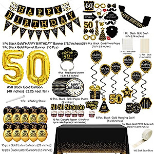 50th birthday decorations for men women - (76pack) black gold party Banner, Pennant, Hanging Swirl, birthday balloons, Tablecloths, cupcake Topper, Crown, plates, Photo Props, Sash for gifts