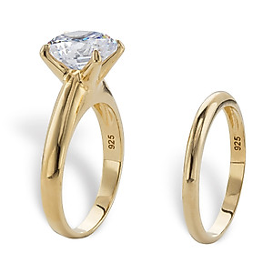 PalmBeach Yellow Gold-Plated or Platinum-Plated Sterling Silver Round Cubic Zirconia 2 Piece Solitaire Bridal Ring Set Size 8