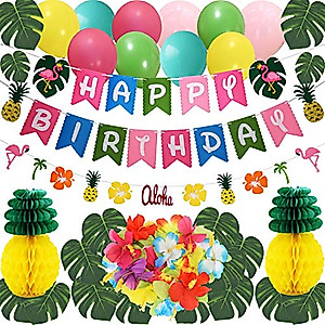 THAWAY Hawaiian Flamingo Pineapple Decor Luau Party Supplies Birthday Decorations includes Birthday Banner, Artificial Tropical Palm Leaves, Hibiscus Flowers, Tissue Paper Pineapples, Party Balloons