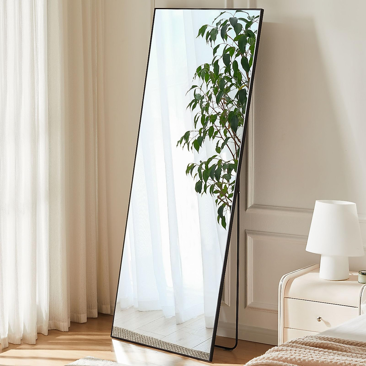 Sweetcrispy Full Length Mirror 64"x21" Full Body Floor Mirror Standing Hanging or Leaning Against Wall, Large Wall Mirror with Stand Aluminum Alloy Thin Frame for Bedroom Cloakroom, Black