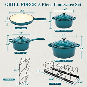 GRILL FORCE Enameled Cast Iron Cookware Set, 9-Piece Pots and Pans Set Non Stick, Pots and Pans Rack Organizer, 10.25” Skillet, 2QT Saucepan, 2.25QT/4.75QT Dutch Oven, Compatible with All Stovetops
