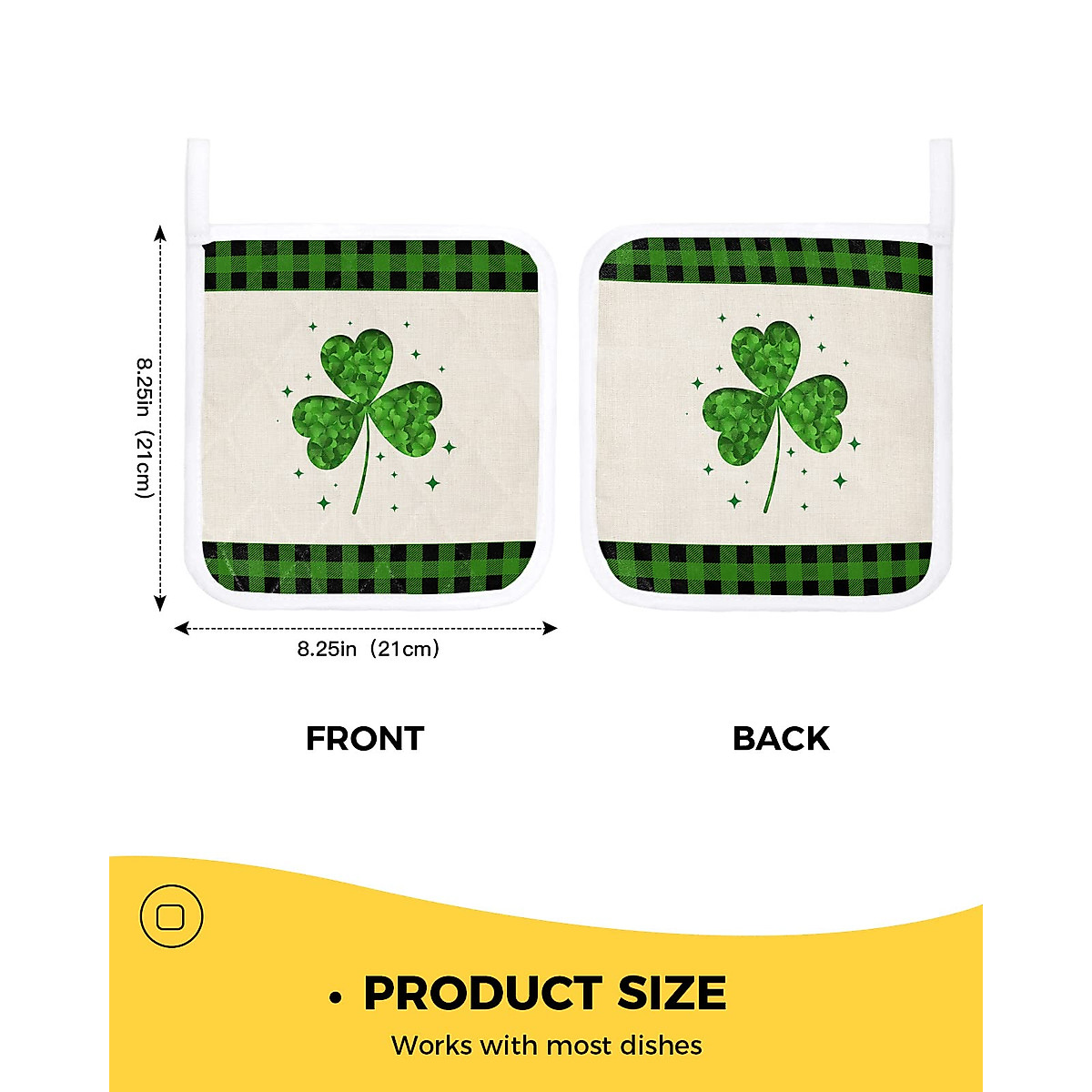 Pot Holders Set of 2,Irish Saint Patricks Green Shamrock Potholder for Kitchen Heat-Proof Hot Pads,Light Clover Black Plaid Vintage Cotton Linen Hot Mats Potholders for Cooking Baking BBQ