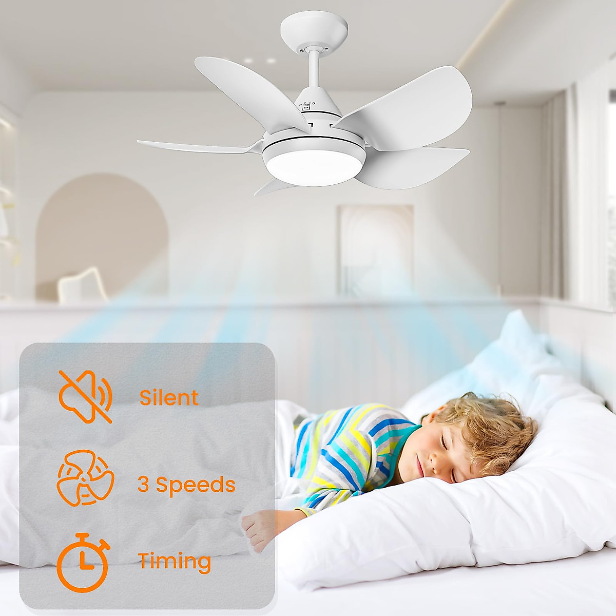 CJOY Ceiling Fans with Lights, 30 inch Small White Ceiling Fan with Light and Remote, LED Dimmable & Memory Function, 5 ABS Reversible Blades Fan Light for Kids Bedroom/Sloped Ceilings