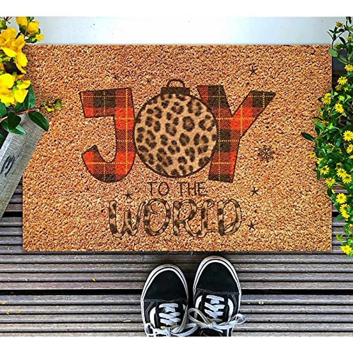 Joy to The World Coir Door Mat Merry and Bright Rug Buffalo Plaid Leopard Christmas Funny Thick Durable Non Slip Mat for Indoor Outdoor Porch Home Entryway 24x36in