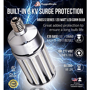 120 Watt LED Corn Bulb - Aries III Series - 16,400 Lumens - 5000K - E39 Large Mogul Base - Built-in 6KV Surge - Dimmable - DLC 5.1