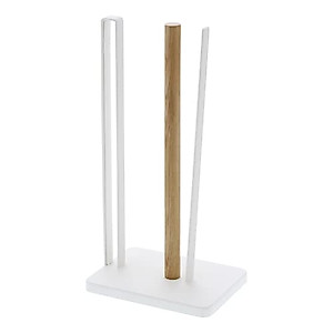 Yamazaki Home One-Handed Tear Paper Towel Holder - Kitchen Storage Rack, Steel + Wood, No Assembly Req.