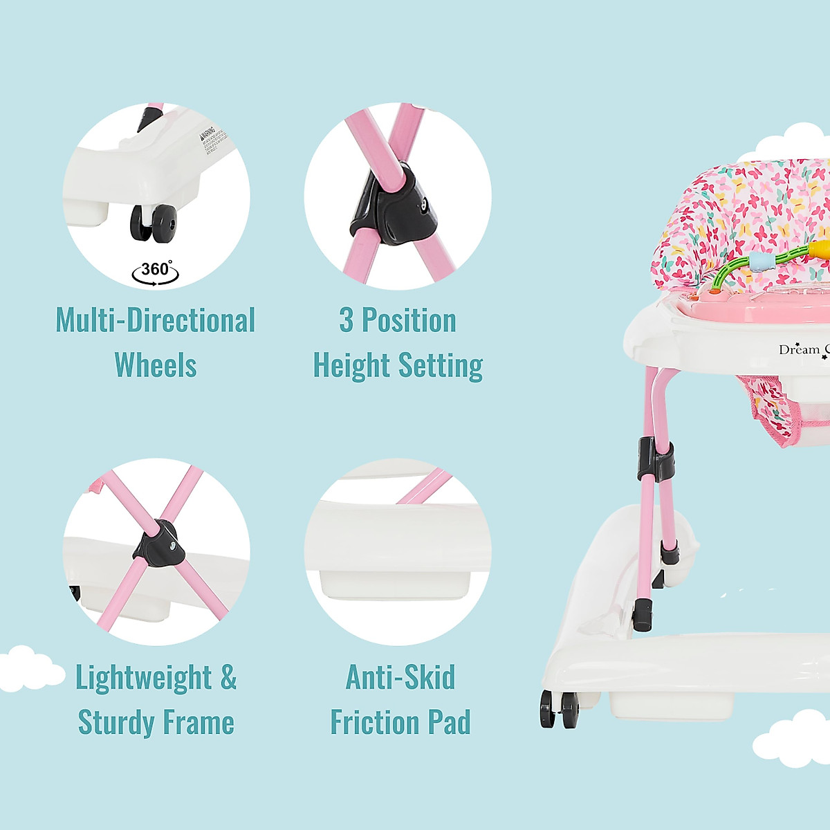 Dream On Me 2-in-1 Ava Baby Walker, Easy Convertible Baby Walker, Walk Behind, Height Adjustable Seat, Added Back Support, Detachable Slate, Spring Pink