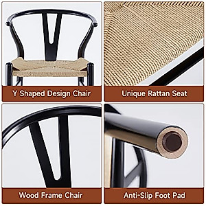 Farini Wishbone Chairs for Dining Room Solid Wood Rattan Chair Armchairs Y Shaped Backrest Hemp Seat for Home Restaurant Fully-Assembled(Set of 2,Black-Beige Seat)
