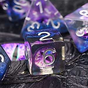 Cusdie 7-Die DND Dice, Polyhedral Dice Set Filled with Eyeball, for Role Playing Game Dungeons and Dragons D&D Dice MTG Pathfinder (Purple Eyeball)