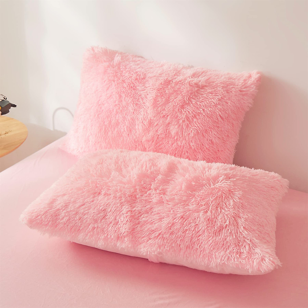 Fluffy Pink Twin Size Comforter Cover - Ultra Soft Plush Bedding Set With Faux Fur and Fuzzy Pillowcase for Girls Bedroom (Light Pink)