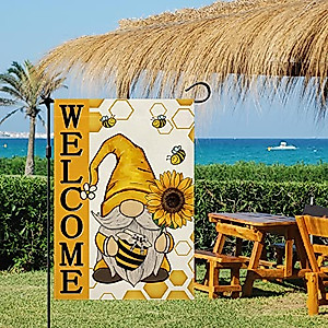 CMEGKE Gnome Welcome Garden Flag, Sunflower Garden Flag, Gnome with Sunflowers Bee Yard Flag Spring Summer Vertical Double Sided Burlap Party Holiday Yard Home Farmhouse Outside Decor 12.5 x 18 In