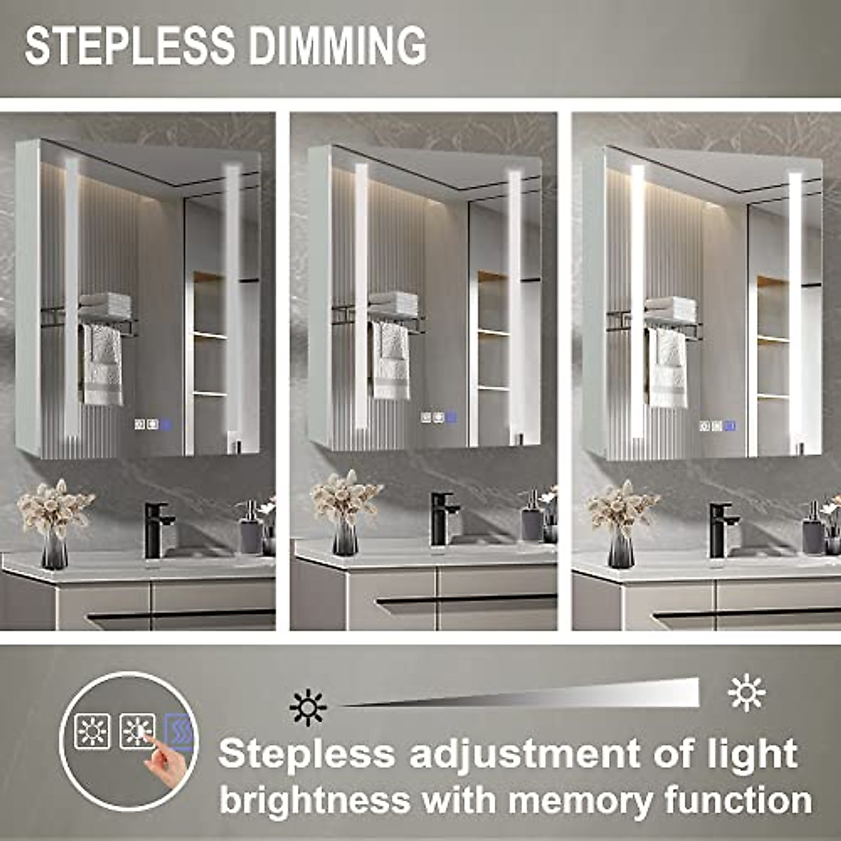 ExBrite Led Medicine cabinets for Bathroom with Mirror,20x26 inch,Single Door,Recessed Or Surface Mount,Adjustable Shelves,Medicine Cabinet Wall Mounted,Defog,Dimming,(Right Opening Door)