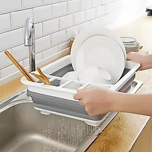 Dish Drainer Collapsible Dish Rack Drainer Foldable & Portable Dish & Cutlery Organizer Space Saving Kitchen Accessory for Inside Camper & Travel Trailers, White Gray
