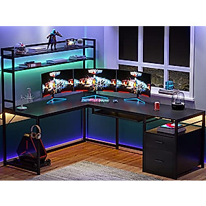 SEDETA L Shaped Desk with Hutch, Home Office Desk with File Drawers, 94.4 Inches Two Person Desk, Corner Computer Desk with Keyboard Tray, Monitor Stand, Storage Shelves, Gaming Desk, Black