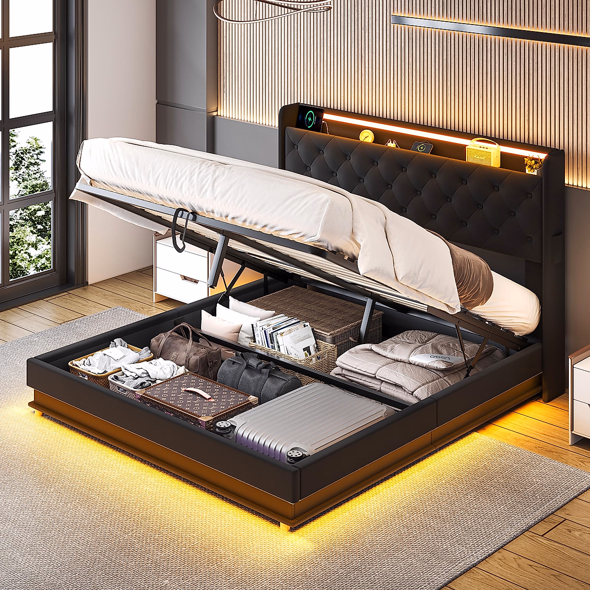 Ailisite Lift Up Storage Bed Queen with Headboard and Storage, Black Upholstered Storage Bed with Wingback Tufted Headboard, Led Queen Size Bed Frame with Charging Station, No Box Spring Needed
