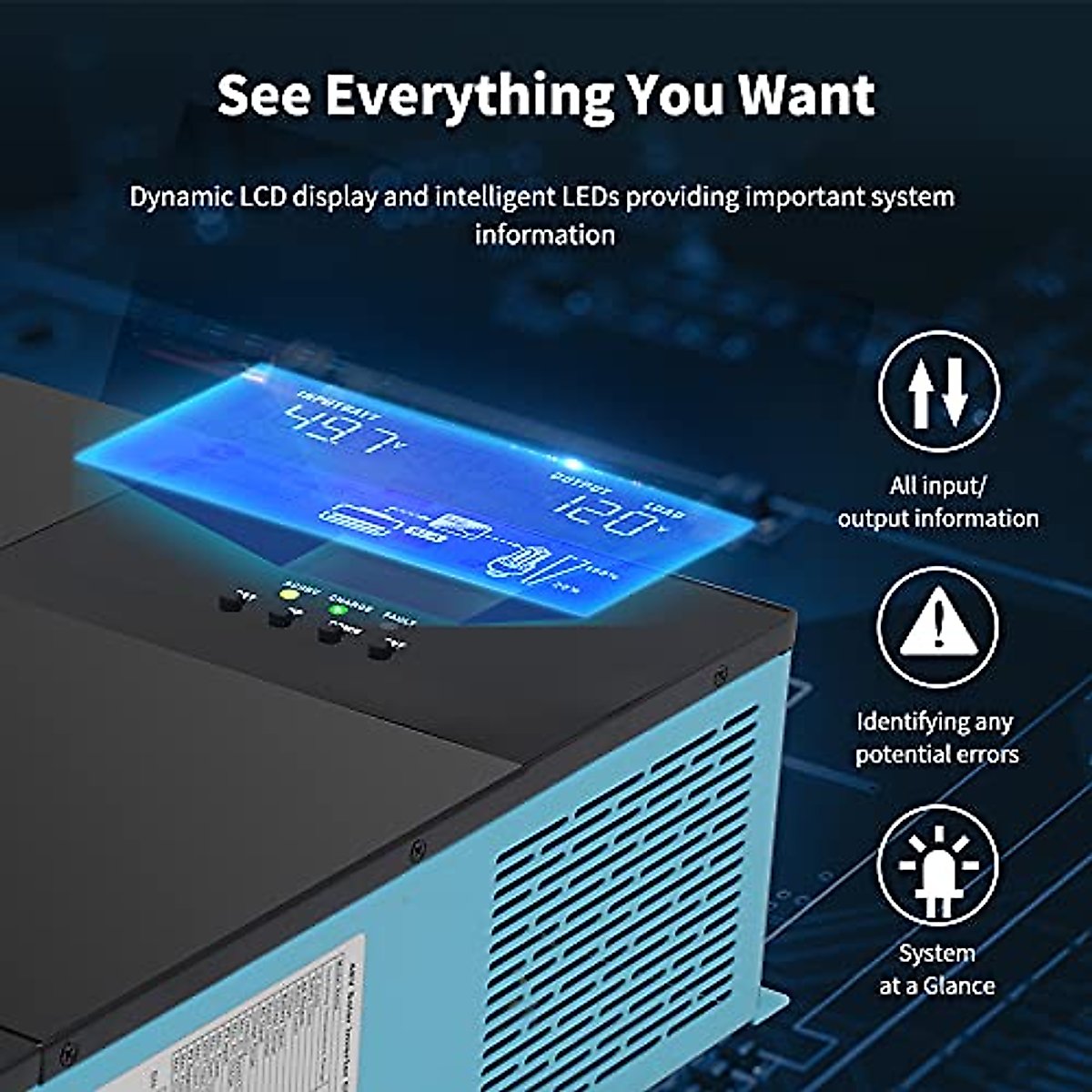 Renogy 48V 3500W Pure Sine Wave Inverter, All-in-One with MPPT Charge Controller, Power-Saving Mode DC 48V to AC 120V, Surge 7000W, Solar, Generator Battery Charging, LCD&LED, for Home, Camping, RV