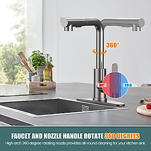 Kitchen Faucets, Brushed Grey Kitchen Faucet with Pull Down Sprayer and Deck Plate, Stainless Steel Commercial Utility Kitchen Faucets for Sink 3 Hole for Bar Rv Camper Laundry Outdoor Farmhouse Sink
